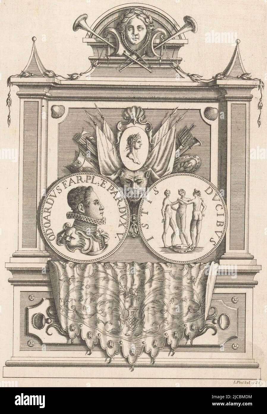 Architectural object, resembling a funerary monument In the center two ...
