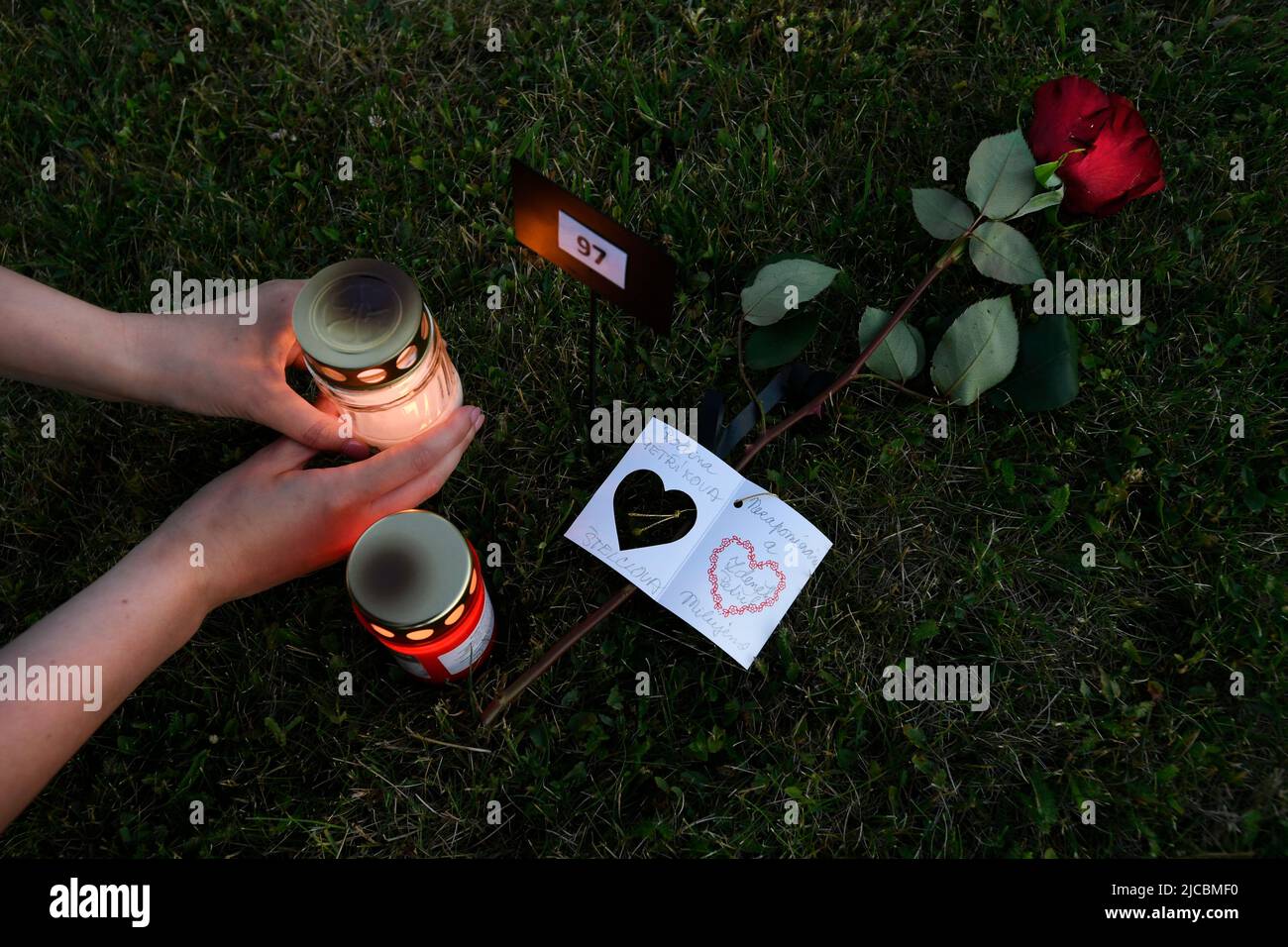 Lidice, Czech Republic. 11th June, 2022. Lighting of candles, to paying ...