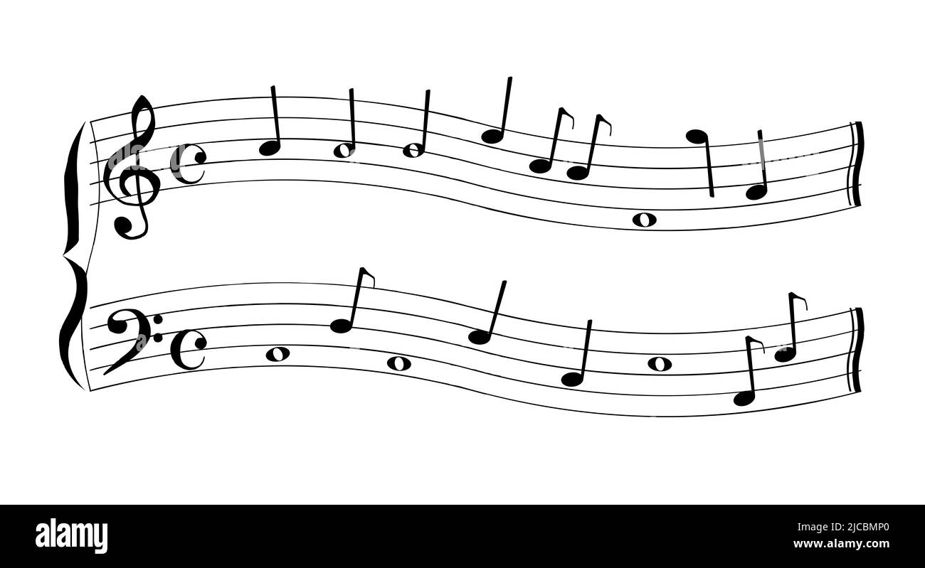 A musical stave with random black notes set over a white background ...