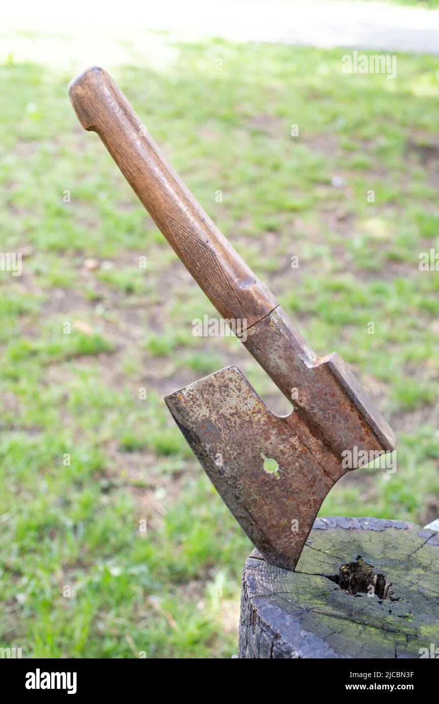 Rusted axe on a tree stump, close up Stock Photo - Alamy
