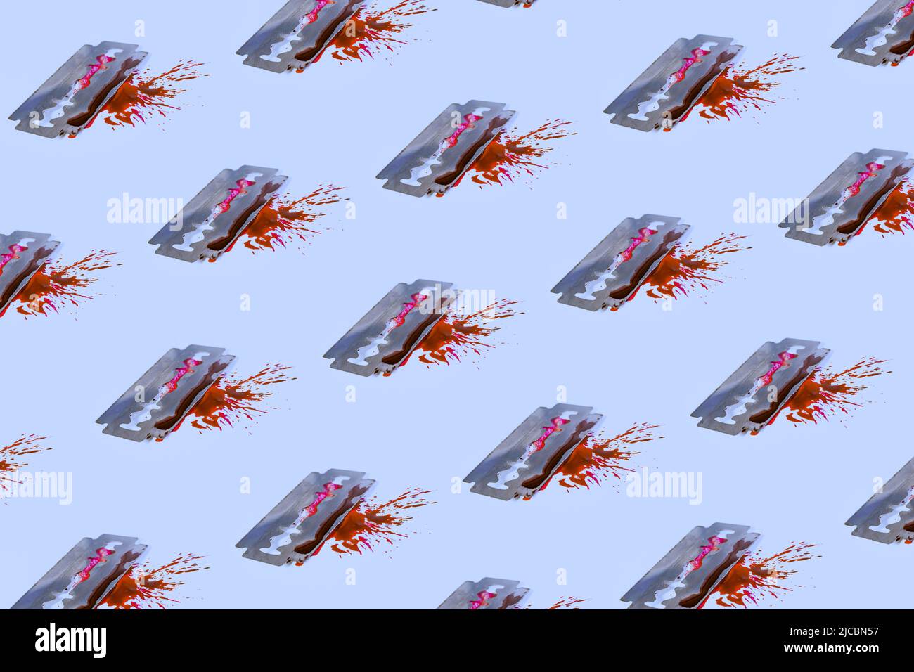 razor blades with blood trail on purple background. Gore geometrical ...