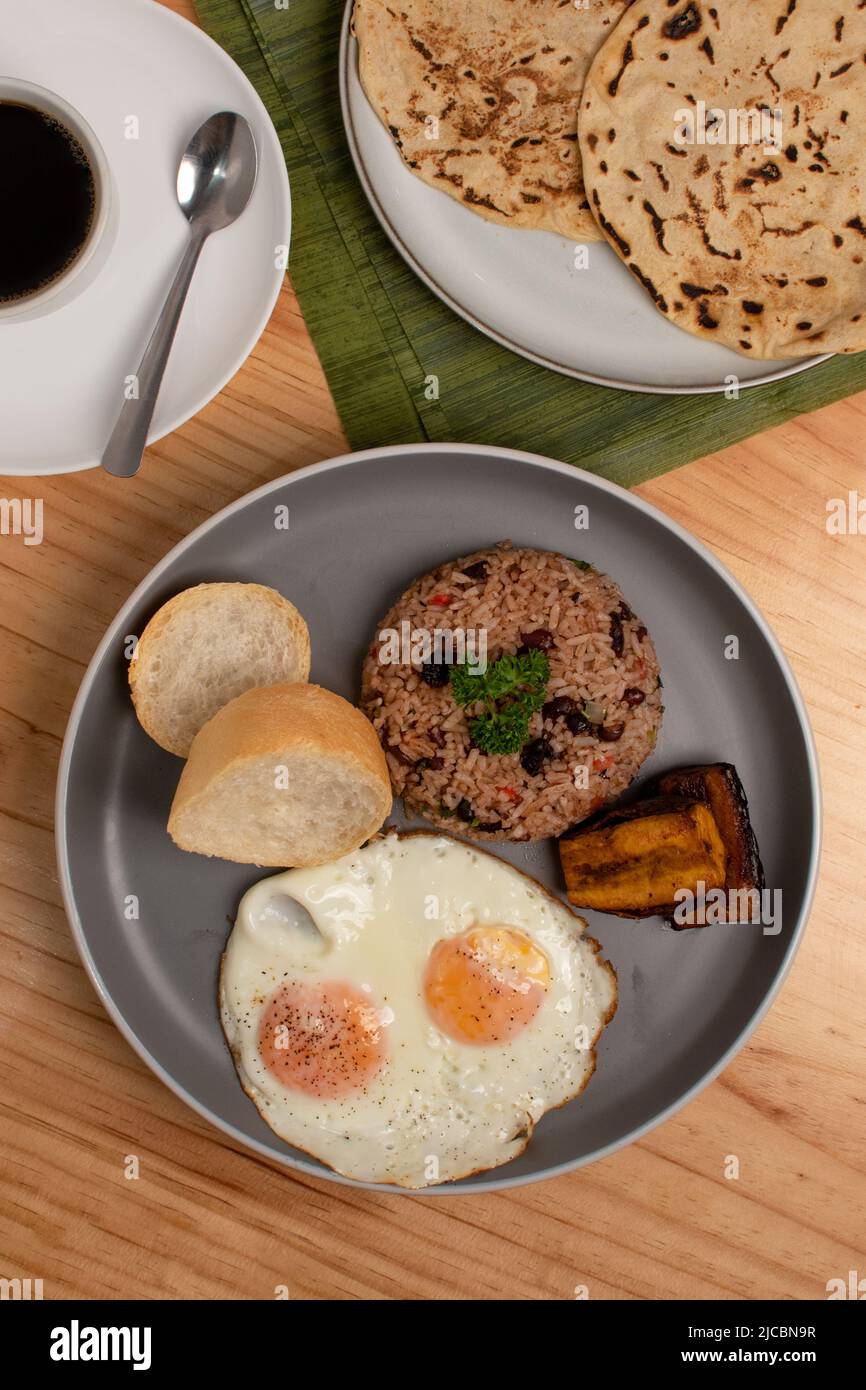 Gallo pinto costa rica traditional breakfast with black coffee and ...