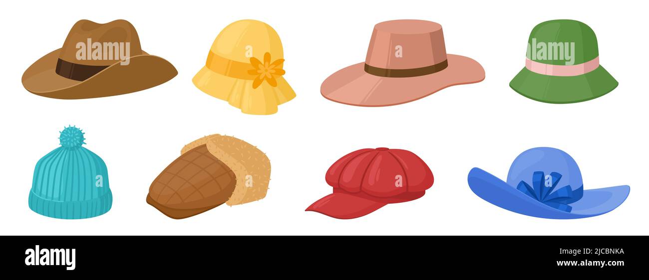 Cartoon hats vector set. Female and male headgear, kepi, knitted hat ...