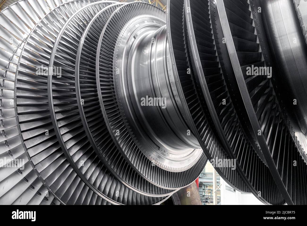 Shaft with numerous blades of modern steam turbine at plant Stock Photo ...