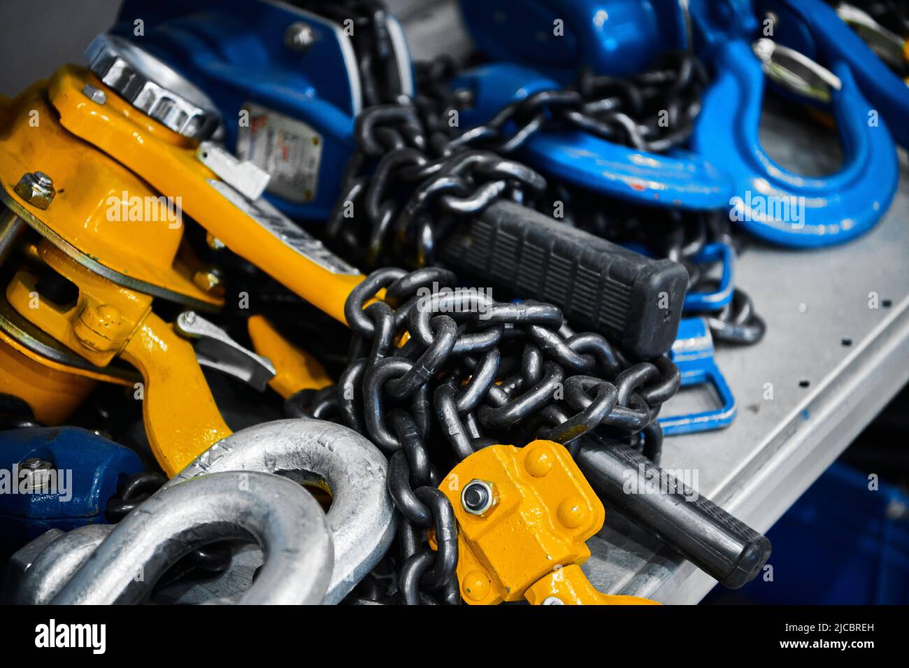 Different rigging equipment on table in light workshop Stock Photo - Alamy
