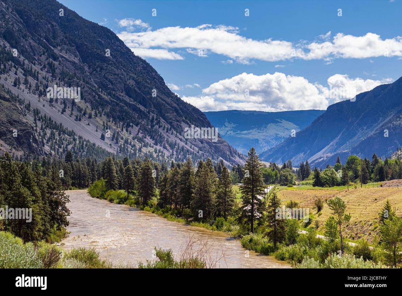 Mountain river stream on summer day. Landscape with mountains, forest ...