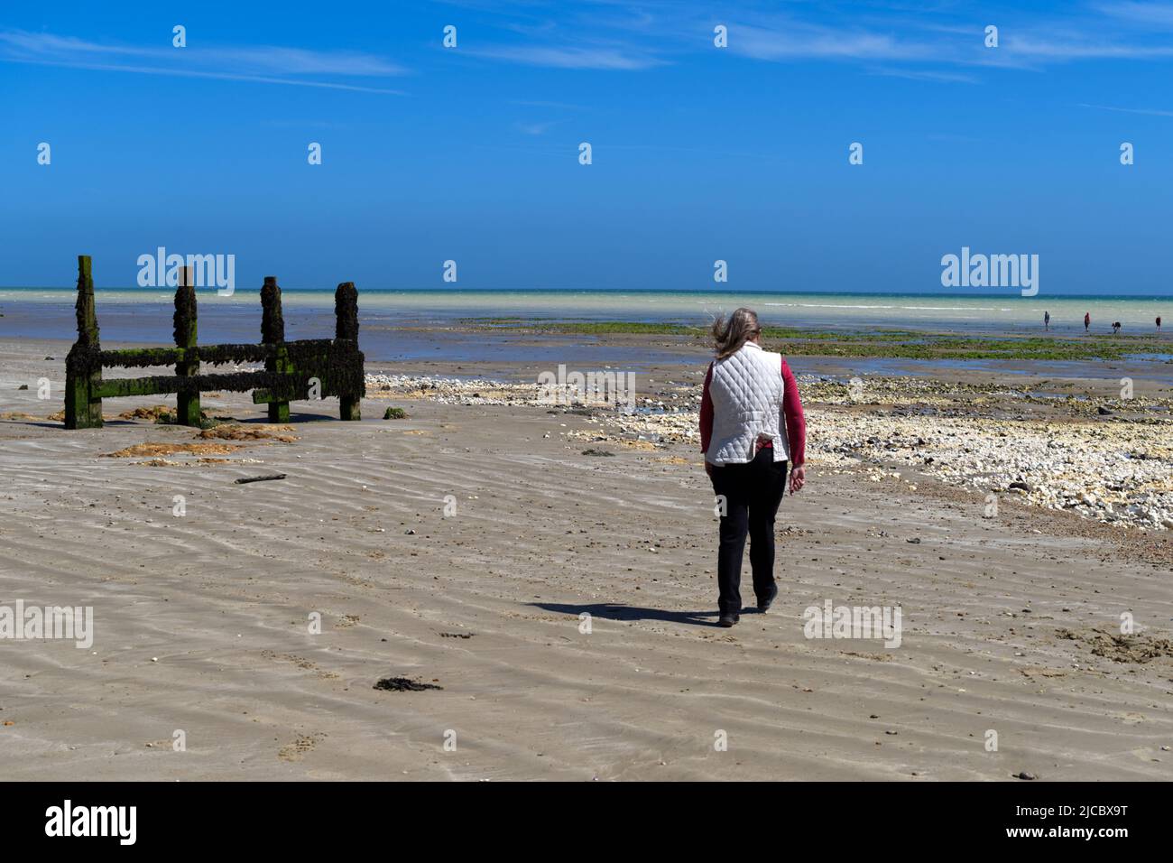 Climping Beach in West Sussex at low tide with a person walking towards ...