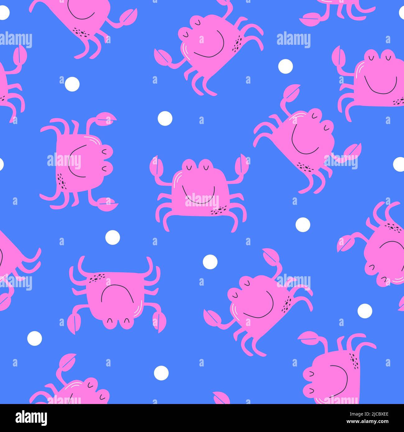 Vector seamless pattern with pink crabs on blue background. Funny crab ...