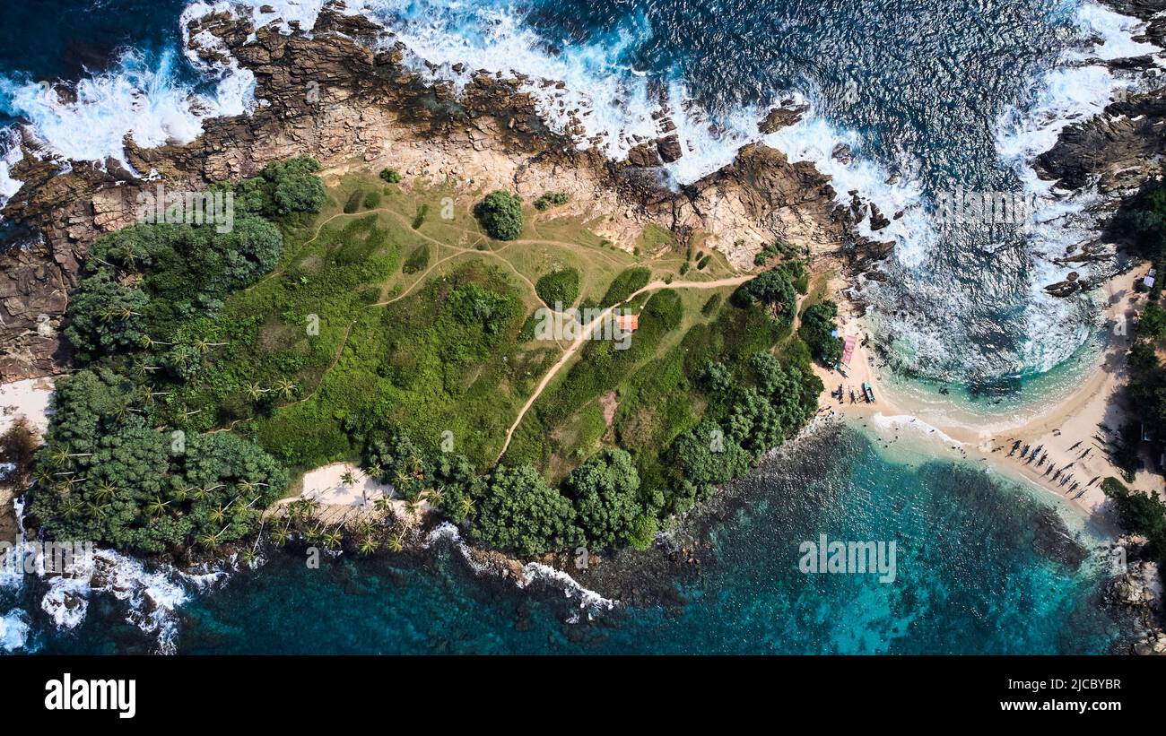Aerial view of blue beach island. Drone view of the beaches of Sri ...