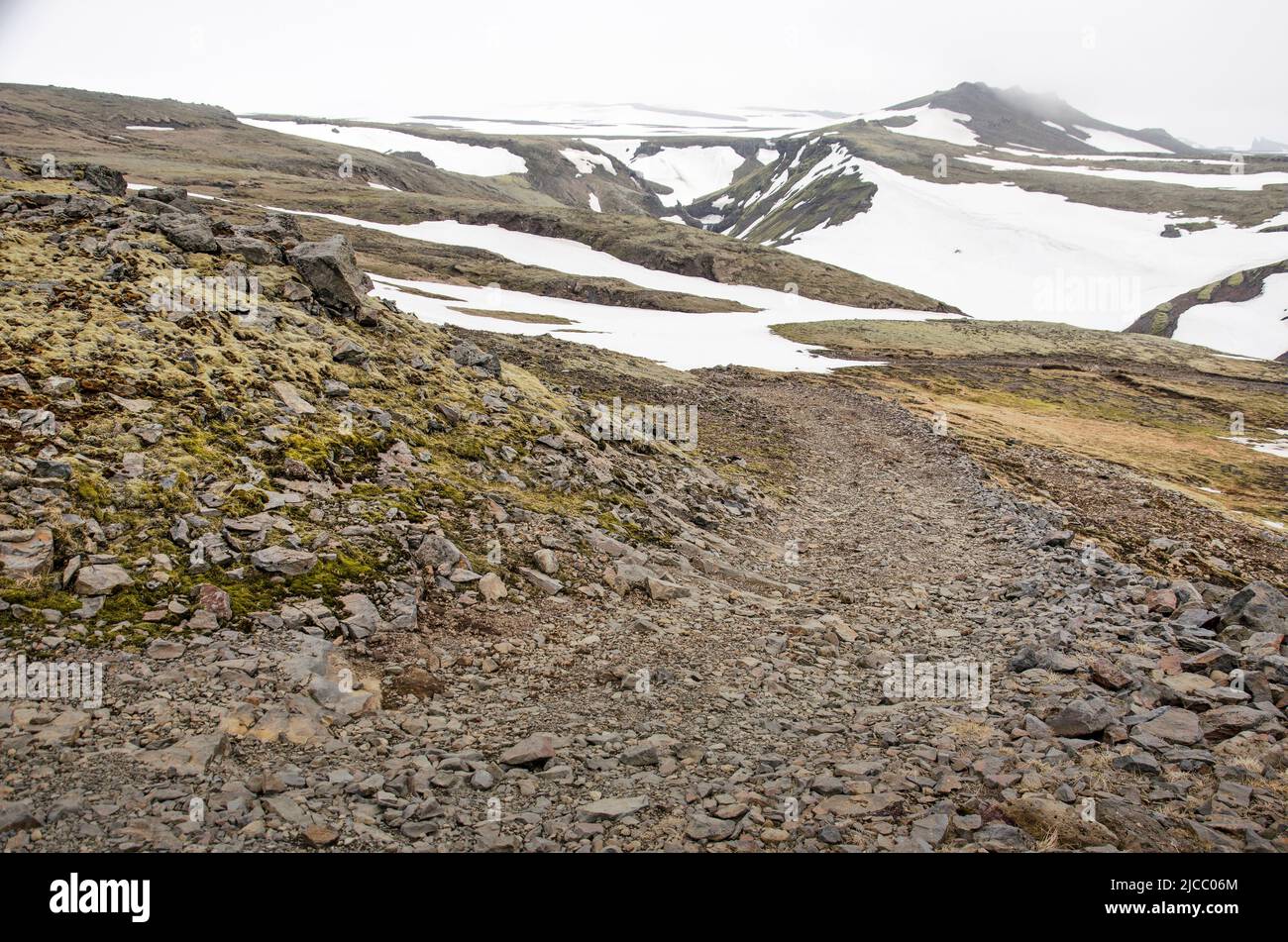 Winding track with ravel and rocks, partly covered with snow in a ...