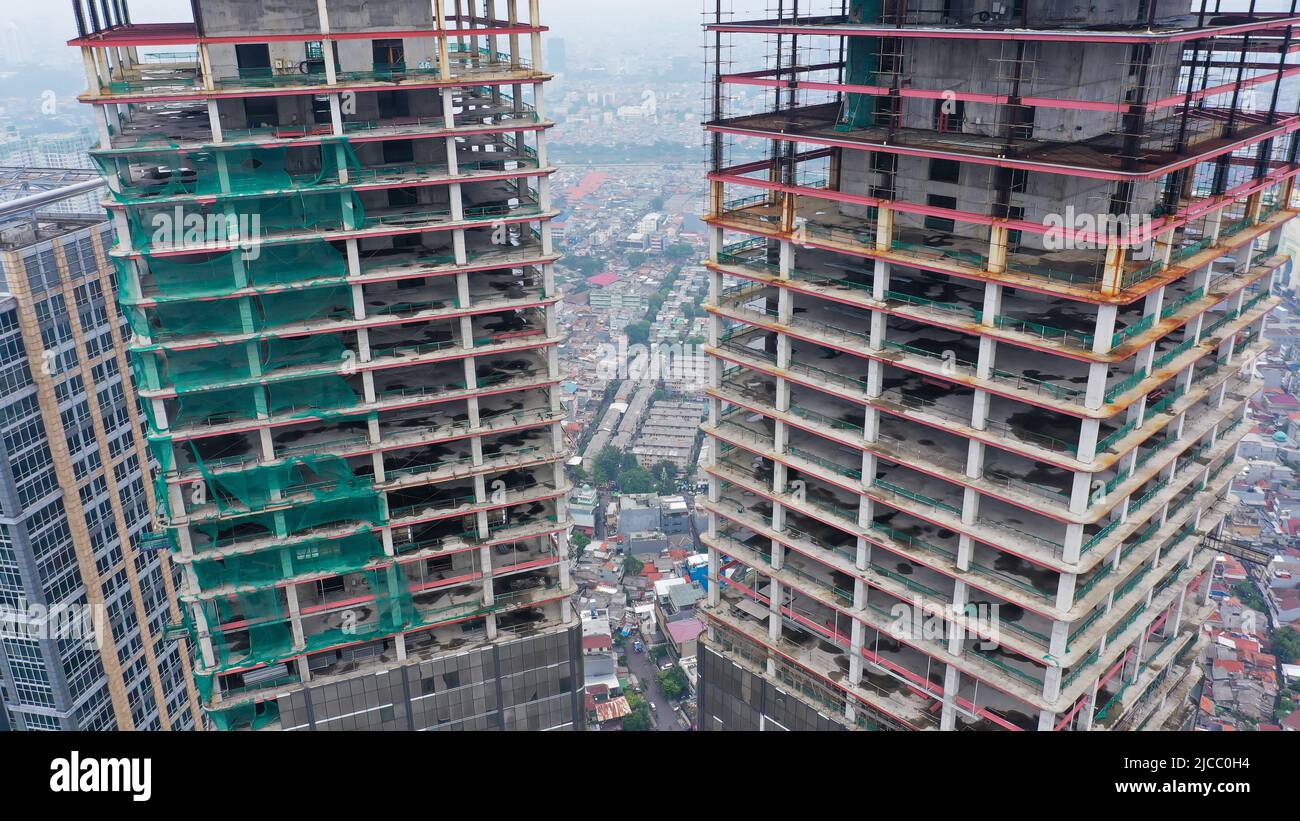 New high-rise apartment buildings under construction. Aerial photo at ...