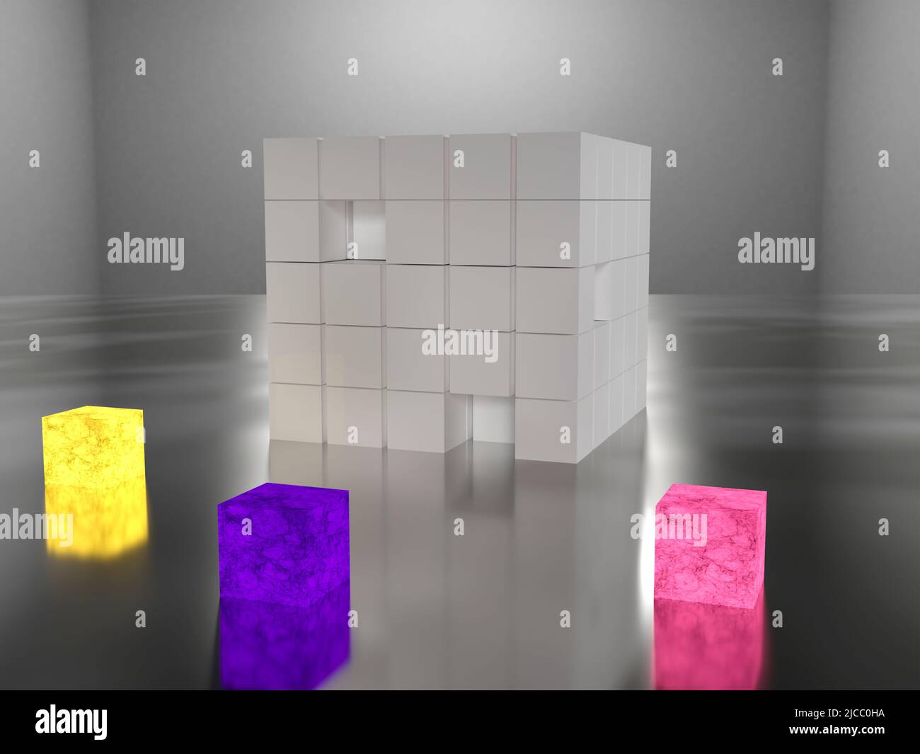 Abstract cube of cubes with emissive color cubes on a reflective ...