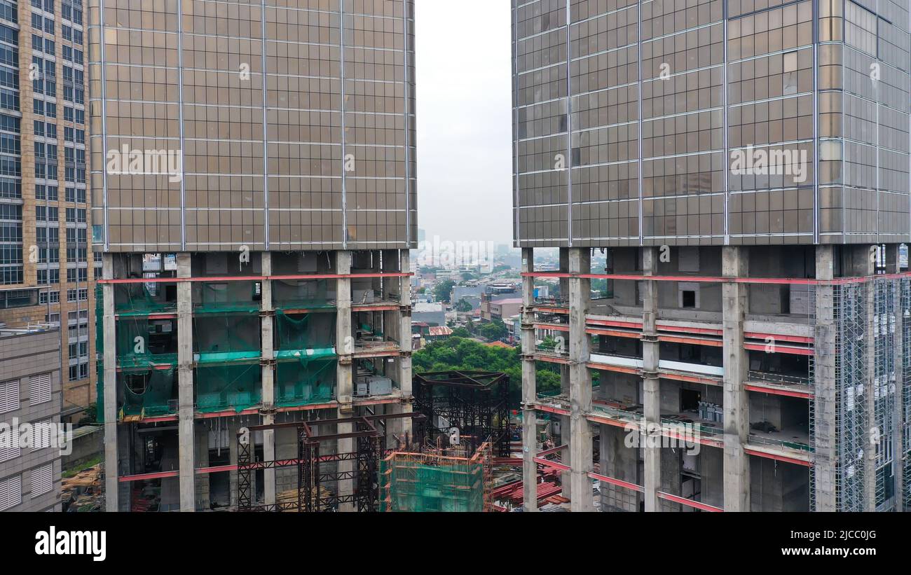 New high-rise apartment buildings under construction. Aerial photo at ...