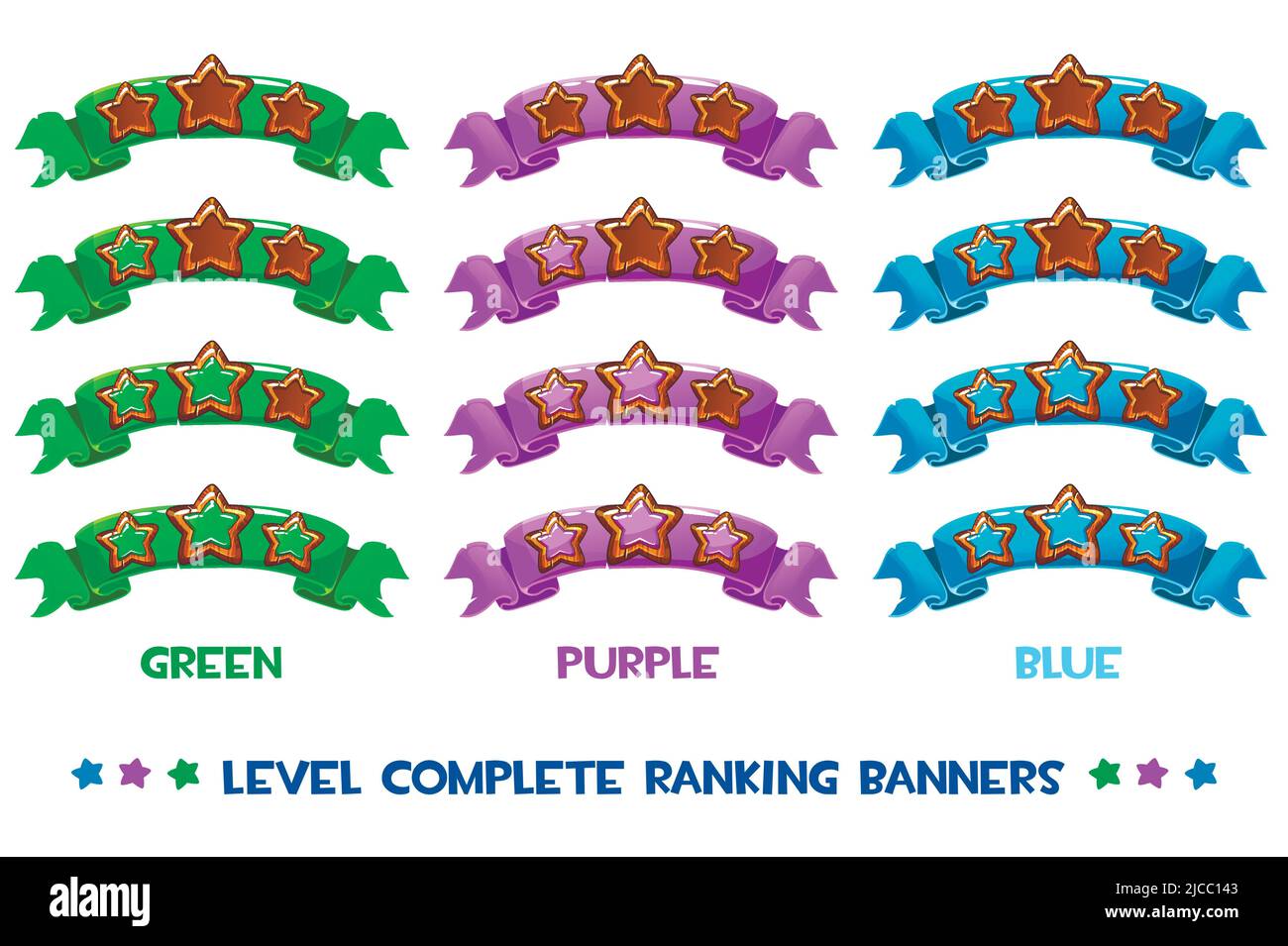 Vector Level complete ranking banners with wood stars on colored ribbon ...