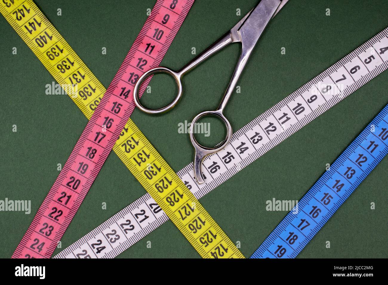 Tape measure and scissors on a colorful background Stock Photo - Alamy
