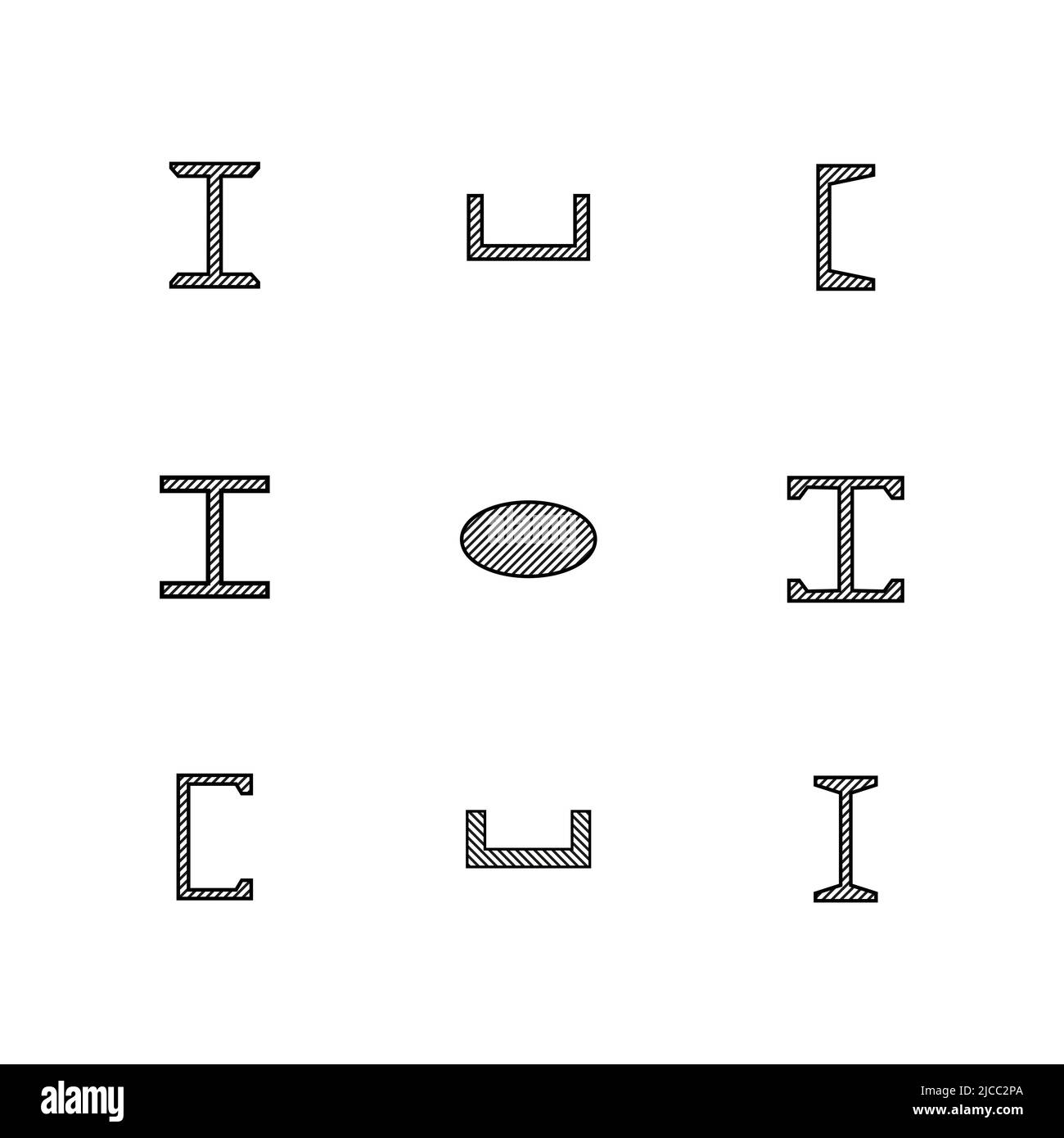 Steel beam, pipe and corner section isolated on white background. Flat ...