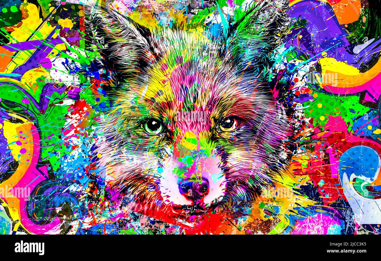 colorful artistic fox muzzle with bright paint splatters on dark ...