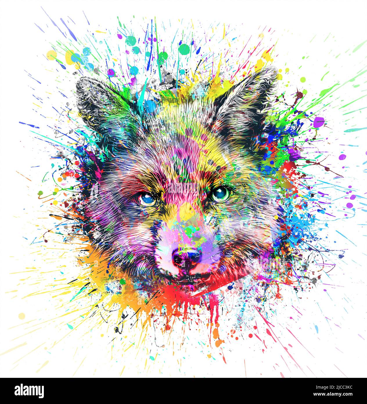 colorful artistic fox muzzle with bright paint splatters on dark ...