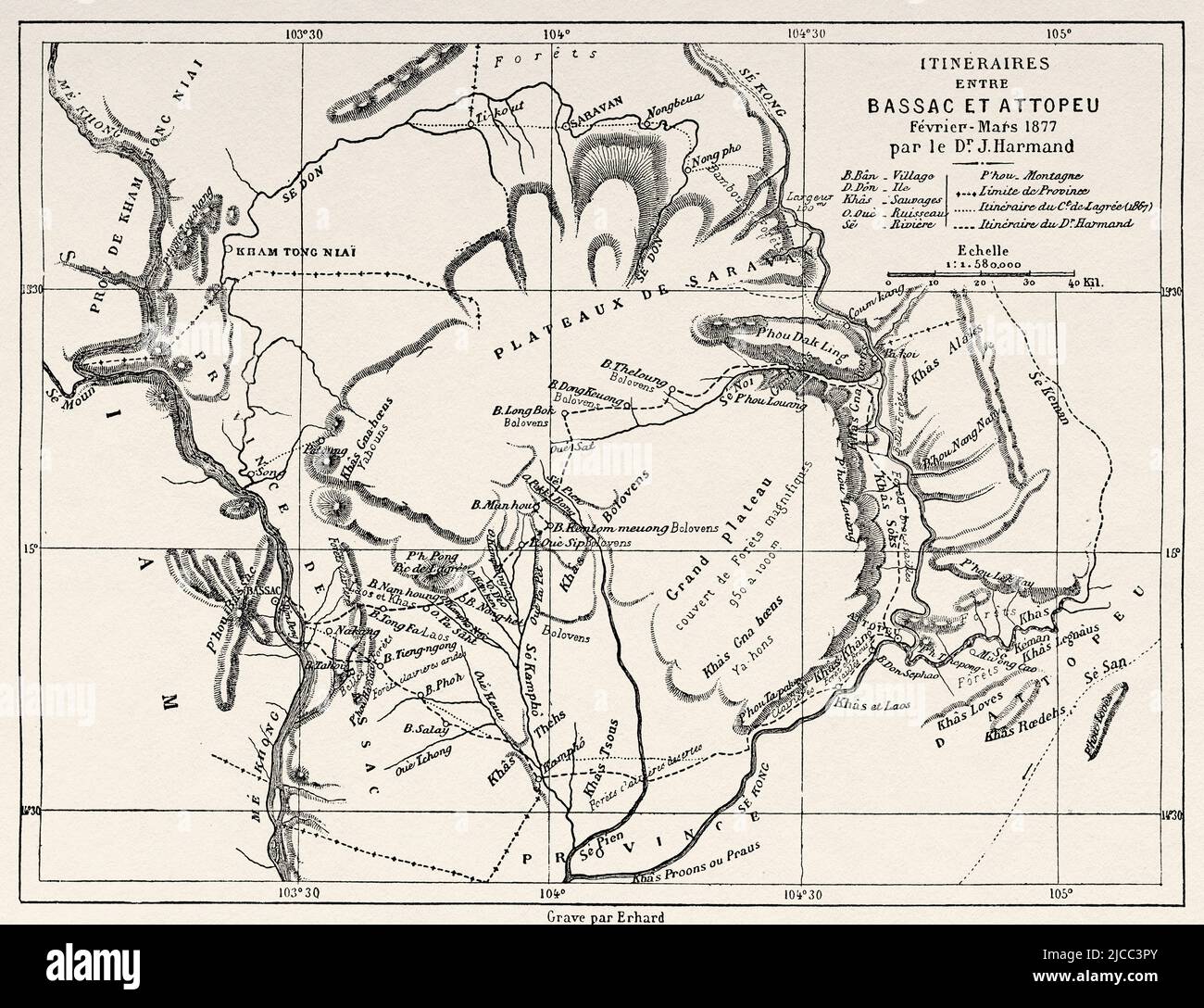 Map of the itinerary of the trip between Champasak and Attapeu. Laos ...