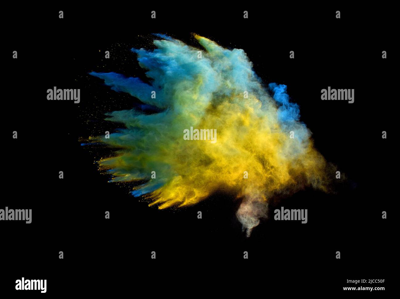 Vivid multi-coloured forms of powder paint explode in front of a black ...