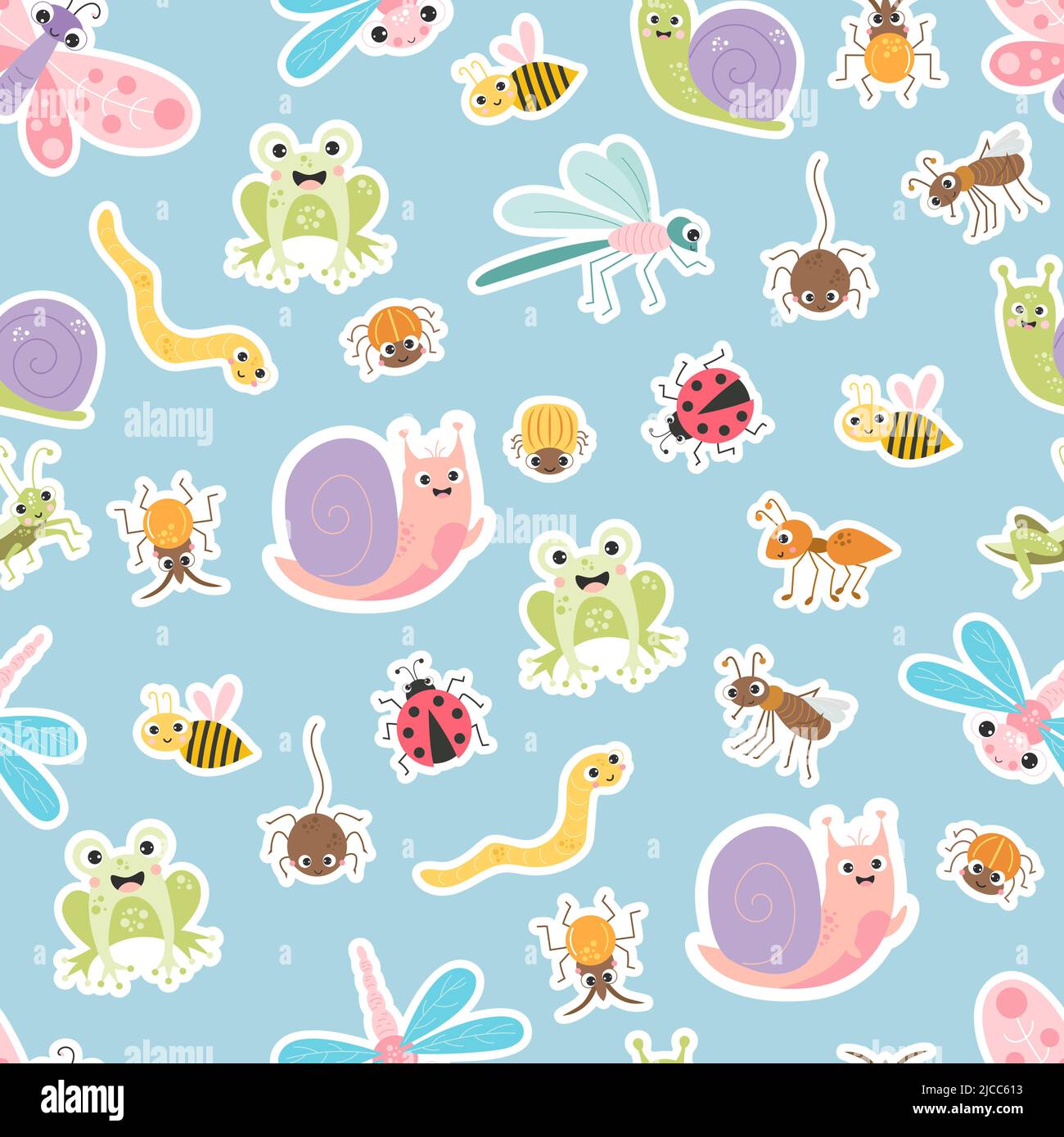 Seamless pattern with sticker insects. Cute snail, bee, lucky frog ...