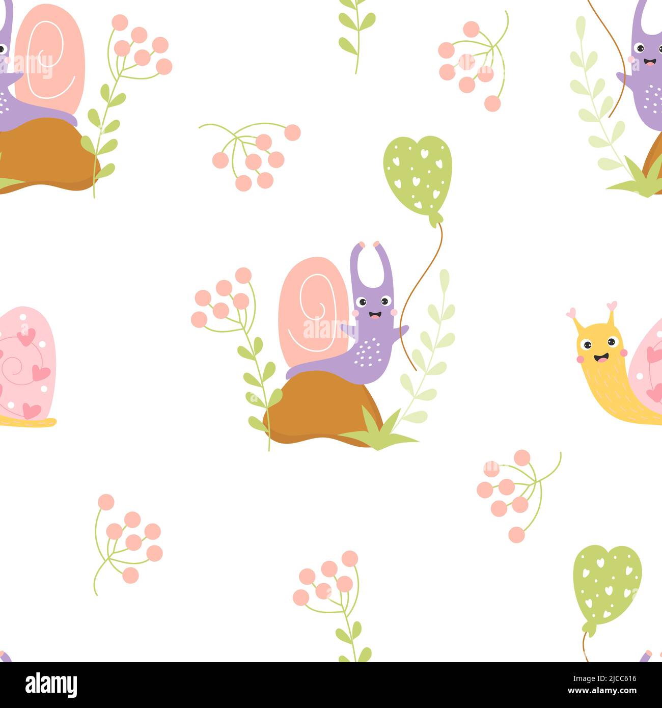 Seamless pattern with cute snails. Funny clam on stone with balloon and ...
