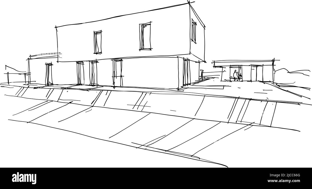 hand drawn architectural sketches of modern one story detached house ...