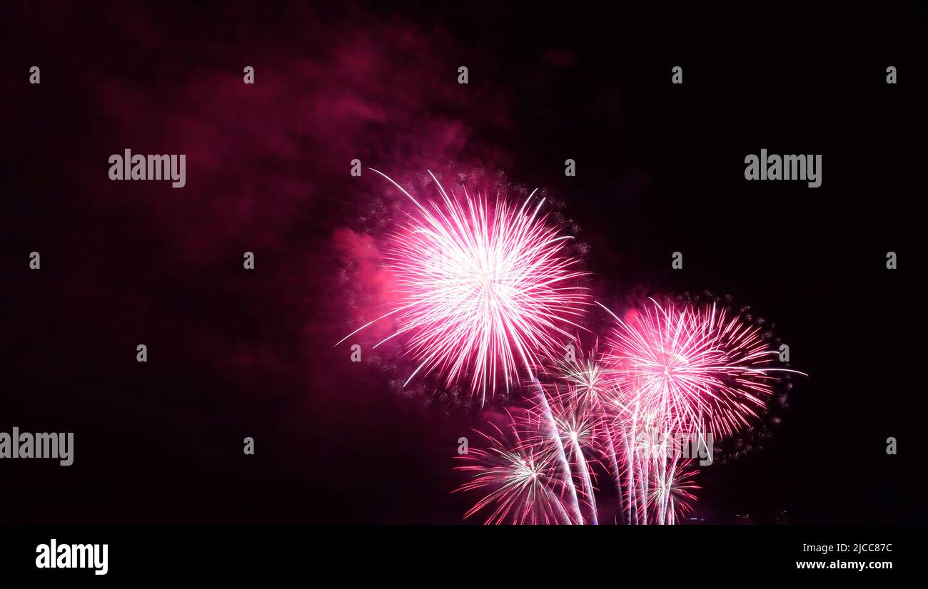 Stunning fuchsia pink fireworks exploding into the city night sky Stock ...
