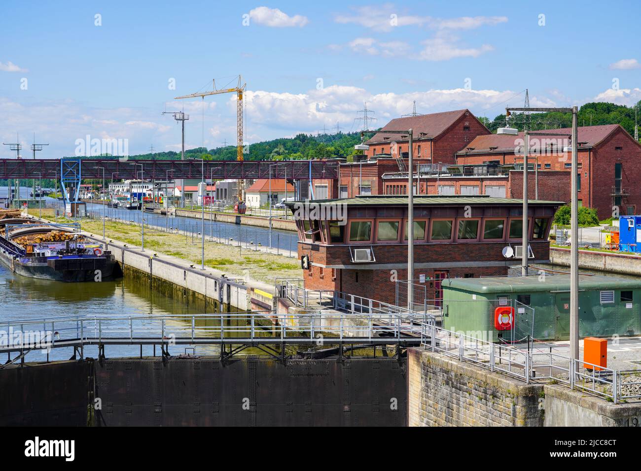 A Danube cargo ship in the lock power station Kachlet in Passau ...