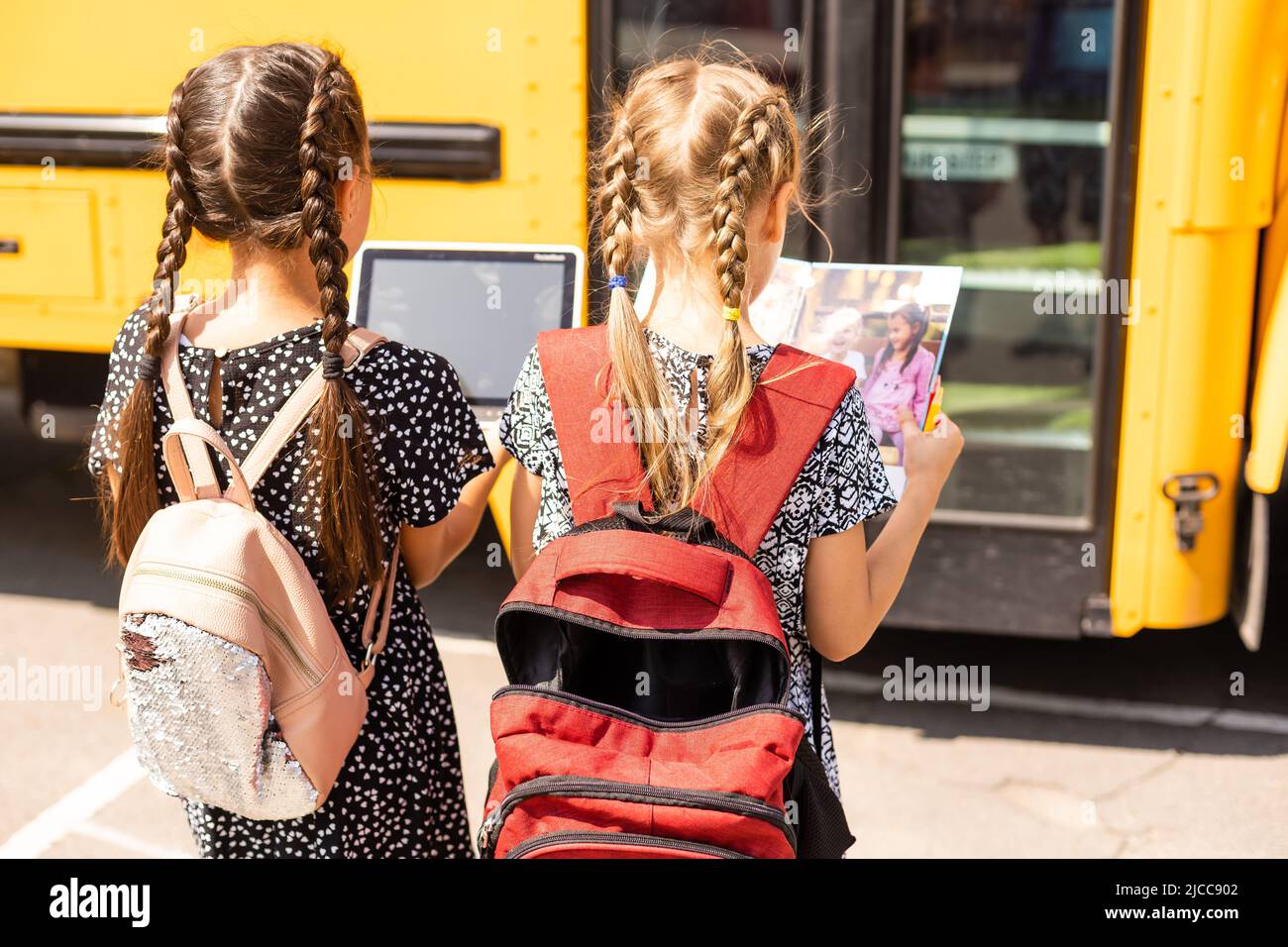 Back to school. First day of school. Two teenage girs at the school ...