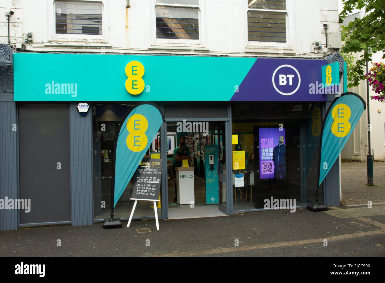 TIVERTON, UK - JUNE 21, 2021 the Tiverton branch of E E and BT shop on ...