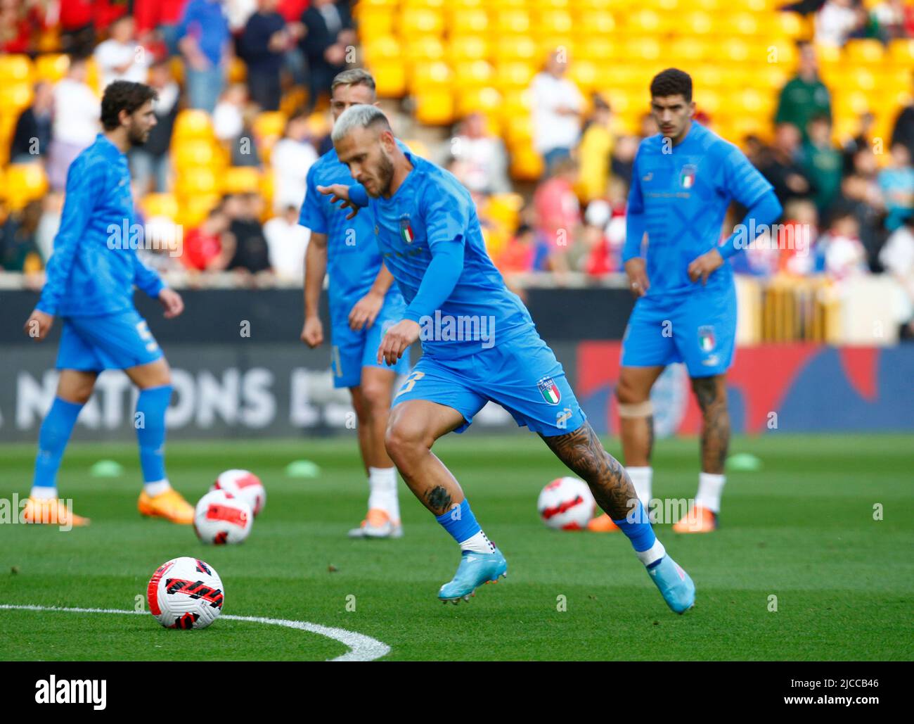 WOLVERHAMPTON ENGLAND - JUNE 11 : Federico Dimarco of Italy during the pre-match warm-up during ...