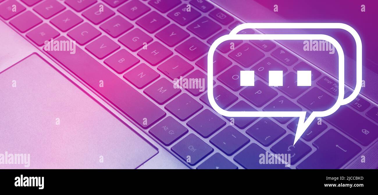 Banner of laptop keyboard with message icon. Social media marketing ...