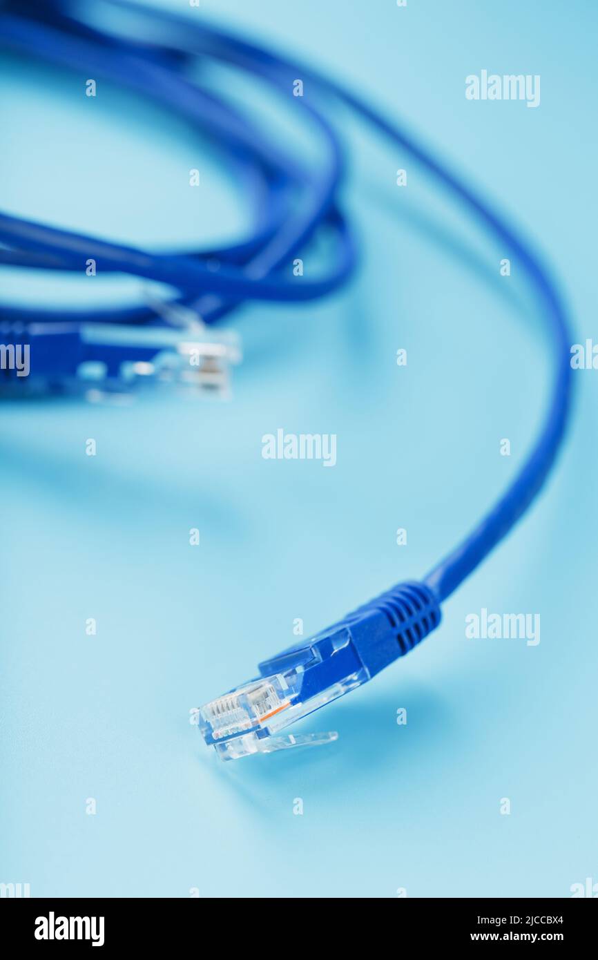 Blue Ethernet Cable Connectors Patch cord cord close-up isolated on a blue background with free ...