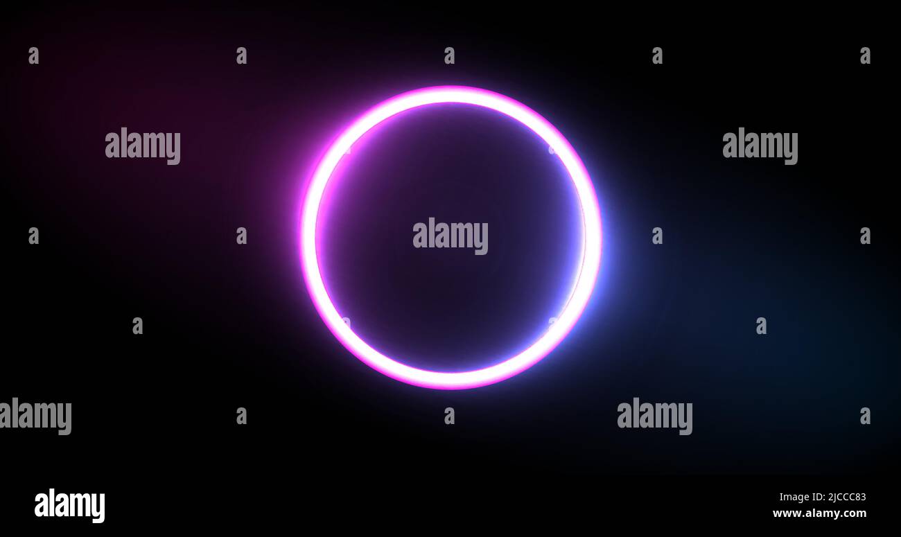Neon circle glowing purple light. Modern round frame with shining ...