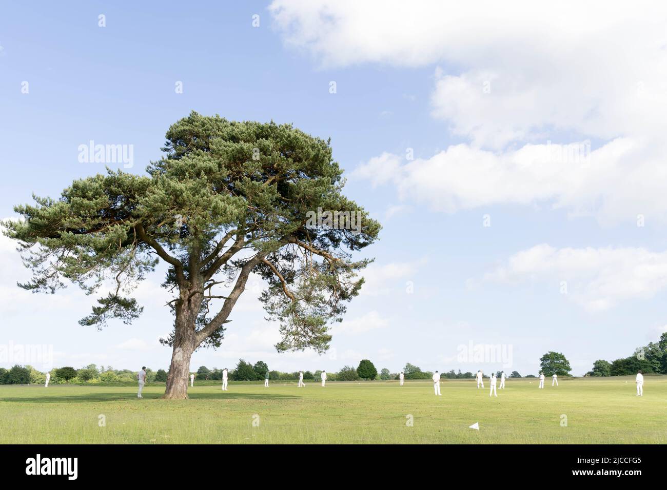 Cricket players enjoy a game in Summer afternoon, over shadowed by a ...