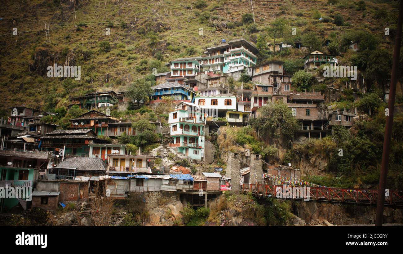Beautiful view of a mountainous Indian village on the banks of the ...