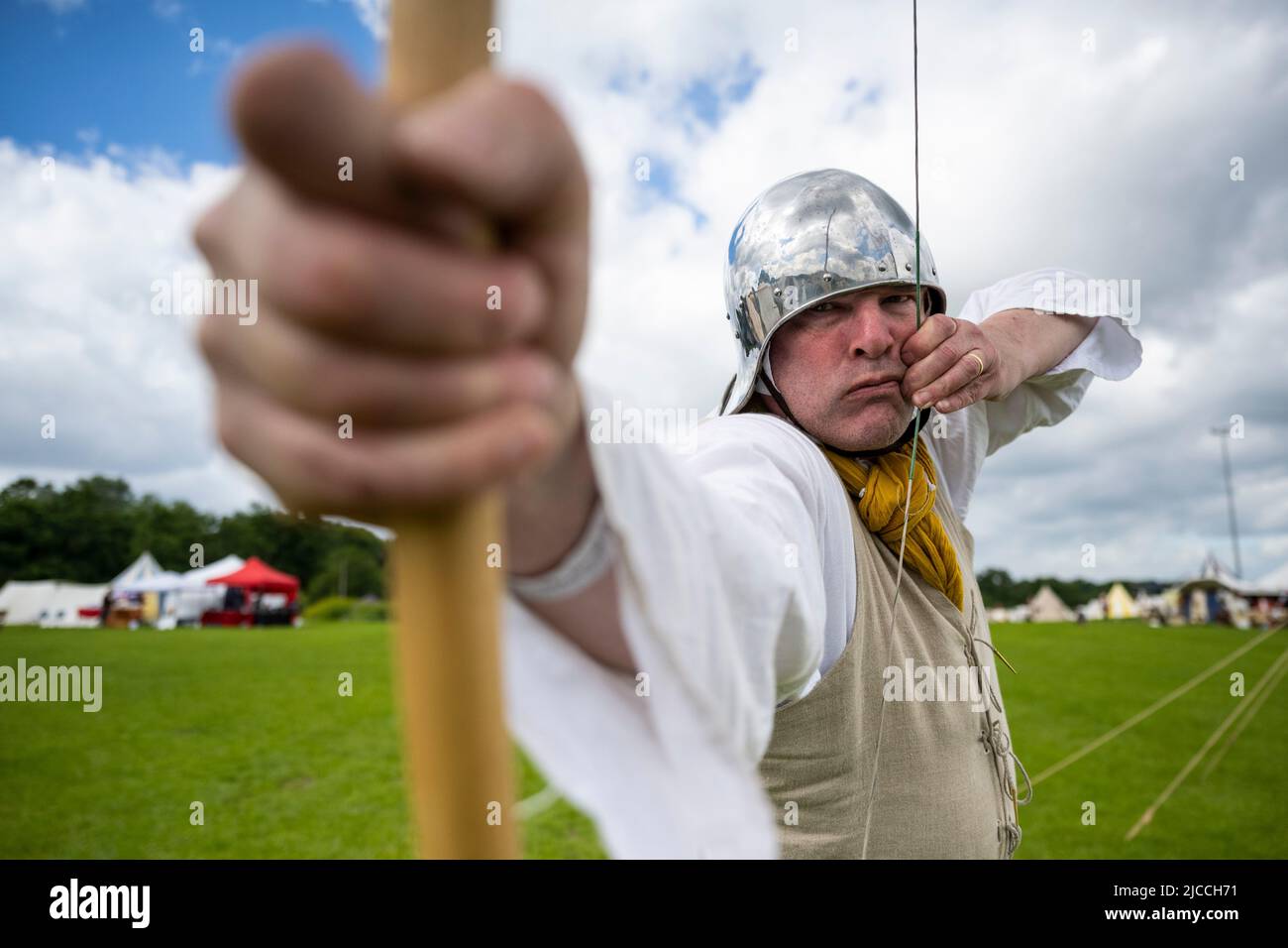 London, UK. 12th June, 2022. Guy Huckle, a re-enactor playing a retinue ...
