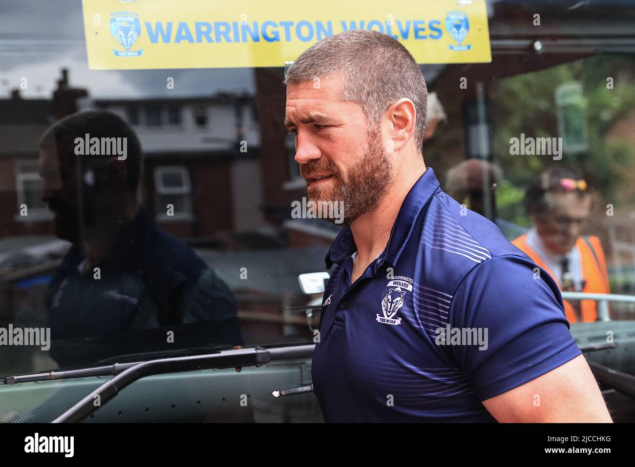 Kyle Amor #32 of Warrington Wolves arrives at The Be Well Support ...