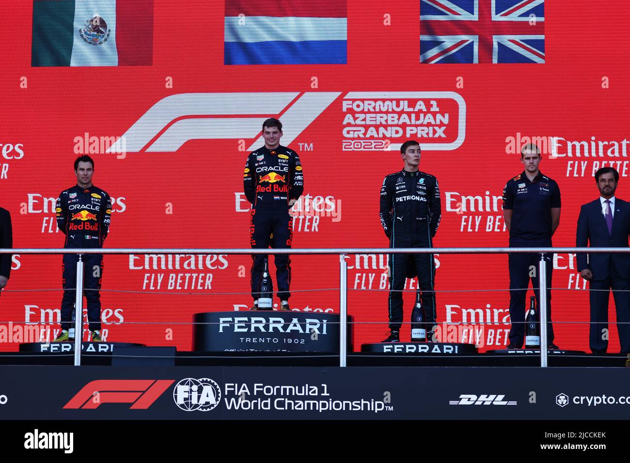 Baku, Azerbaijan. 12th June, 2022. The podium (L to R): The podium (L ...