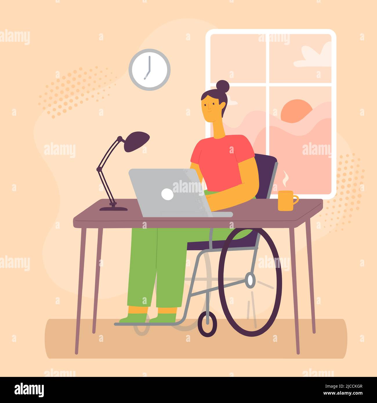 Disabled woman working on laptop. Cartoon young girl on wheelchair ...