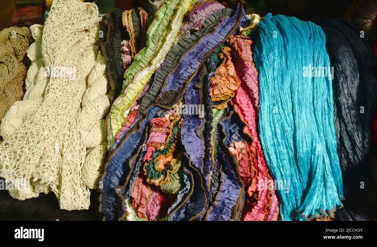 colorful variety linen cloth arranging on textile shop for sales Stock ...