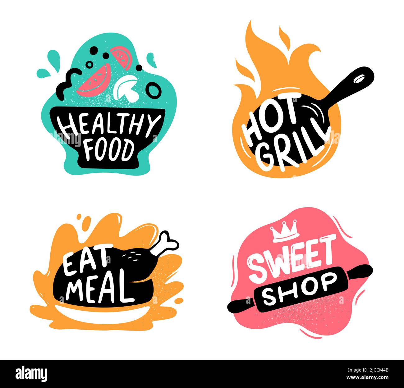 Food menu logotype. Cooking labels with kitchen utensils and text ...