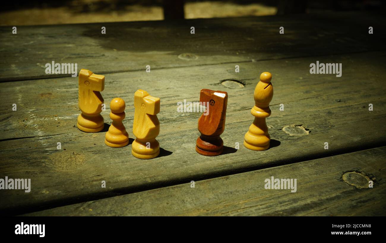 Chess, chess board and wooden chess pieces in nature at the campsite ...