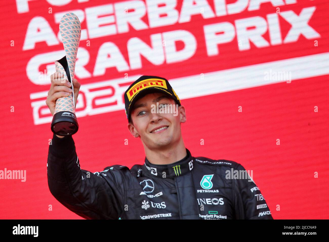 George Russell (GBR) Mercedes AMG F1 celebrates his third position on ...