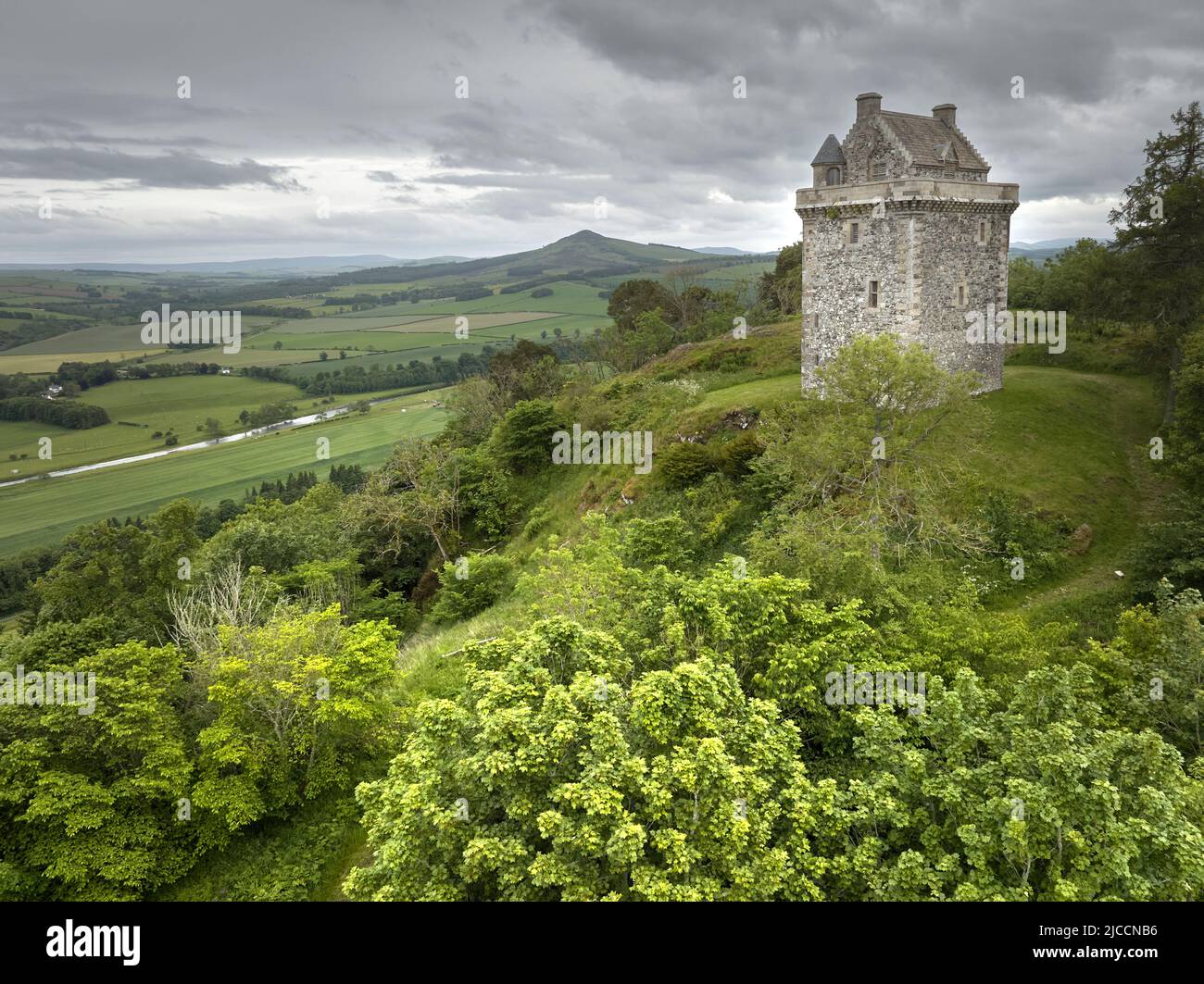 Aerial shot of Fatlips Castle a peel tower in Roxburghshire, in the ...