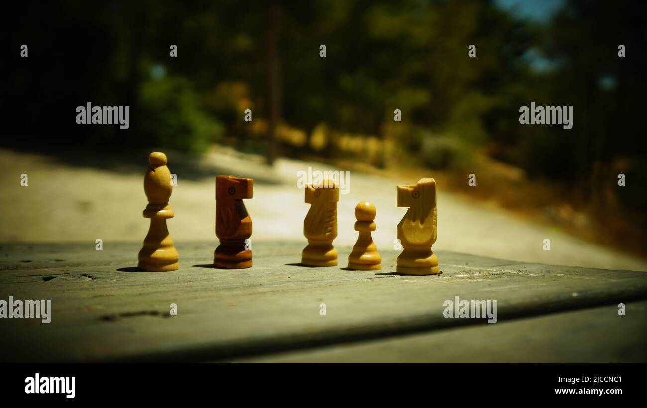 Chess, chess board and wooden chess pieces in nature at the campsite ...
