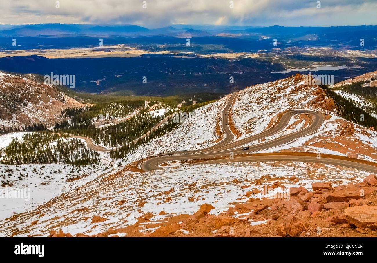 Winding road, serpentine in the mountains up to the Pikes Peak Mountain ...