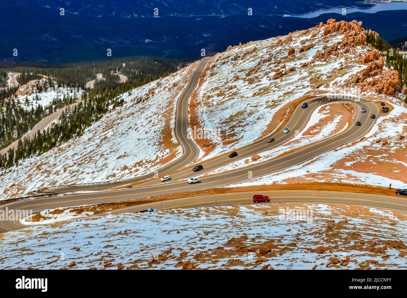 Winding road, serpentine in the mountains up to the Pikes Peak Mountain ...