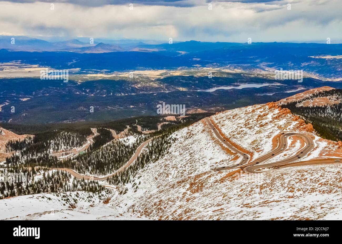 Winding road, serpentine in the mountains up to the Pikes Peak Mountain ...